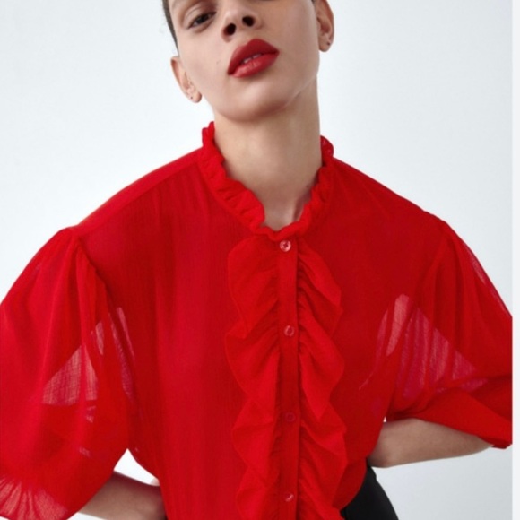 Zara | Tops | Zara Womens Semi Sheer Red Blouse With Ruffle Accent Size ...